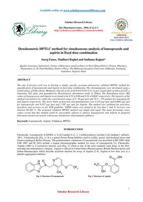Pdf Densitometric Hptlc Method For Simultaneous Analysis Of Lansoprazole And Aspirin In Fixed