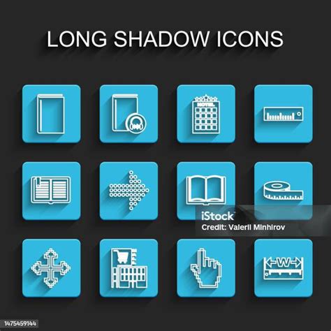 선 설정 픽셀 화살표 네 방향 쇼핑몰 또는 슈퍼마켓 건물 책 손 커서 높이 길이 측정 점 줄자 및 책 열기 아이콘 벡터 4가지 개체에 대한 스톡 벡터 아트 및 기타 이미지