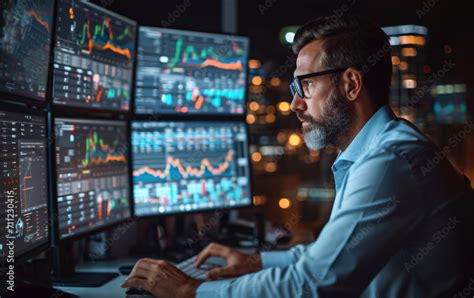 Analyst Man Work Business Market Analytics Complex Charts On Multi