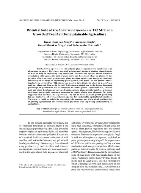 Pdf Potential Role Of Trichoderma Asperellum T42 Strain In Growth Of Pea Plant For Sustainable