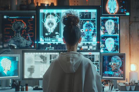 Woman Working On Futuristic Facial Recognition With Sensor And Face Identity 3d Scanning Stock