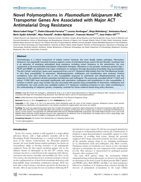 Pdf Novel Polymorphisms In Plasmodium Falciparum Abc Transporter Genes Are Associated With