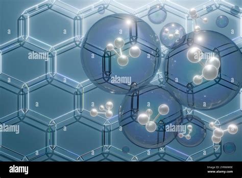 Abstract Representation Of Molecular Structures With Bubbles And Hexagons Showcasing Scientific