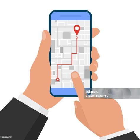 모바일 Gps 네비게이션 지도 응용 프로그램과 함께 스마트 폰을 들고 손 내비게이션에 대한 스톡 벡터 아트 및 기타 이미지