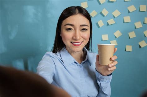 Friendly Asian Employee Having A Break Drinking Coffee Stock Image Image Of Profession Worker