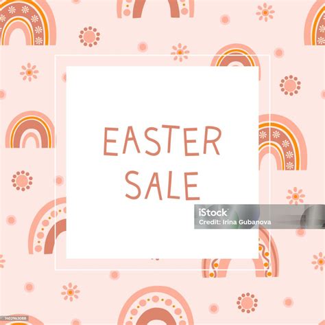 부활절을위한 파스텔 색상의 실루엣 무지개가있는 판매 템플릿 평면 스타일과 텍스트를위한 공간의 화려한 무지개를 일러스트레이션하십시오 벡터 공휴일에 대한 스톡 벡터 아트 및
