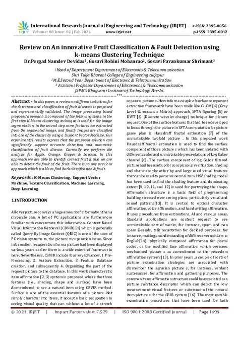 Pdf Irjet Review On An Innovative Fruit Classification And Fault Detection Using K Means