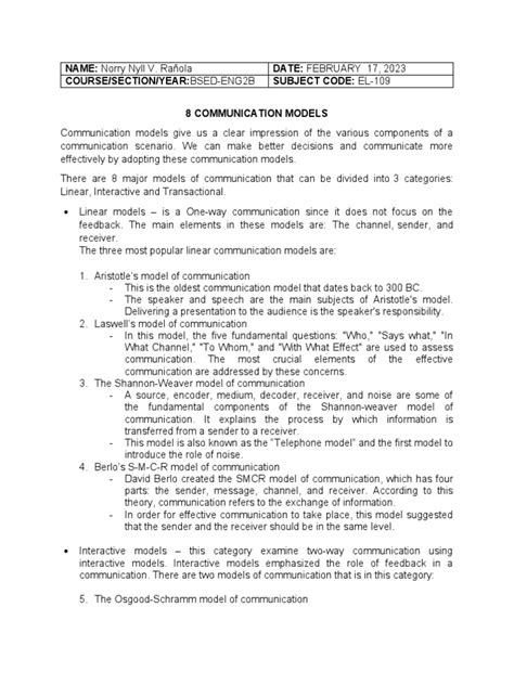 8 Communication Models Pdf Communication Cognitive Science