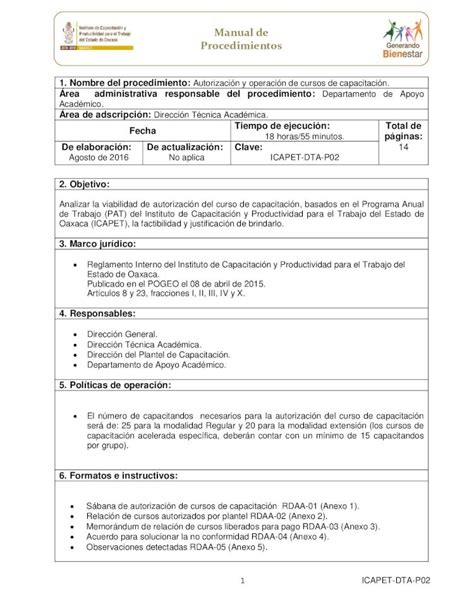 (PDF) Manual de Procedimientos · 2019. 2. 19. · Manual de Procedimientos 1 ICAPET-DTA-P02 1 ...
