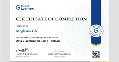 data visualization using tableau course completion certificate for