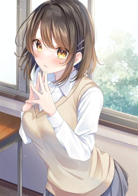 原创 女孩子 Uniform Classroom Medium Hair 茶发 Knitted Vest 显性巨乳 原创1000users加入