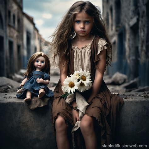 Defeated Girl With Dirty Doll In Dereliction Stable Diffusion Online