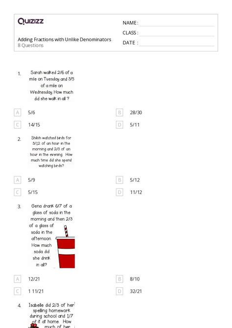 50 Adding Fractions With Unlike Denominators Worksheets For 4th Grade On Quizizz Free And Printable