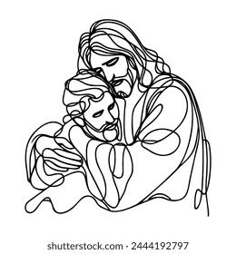 One Continuous Line Draws Jesus Hugging Stock Vector Royalty Free