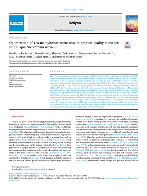 Pdf Optimization Of 17α Methyltestosterone Dose To Produce Quality Mono Sex Nile Tilapia