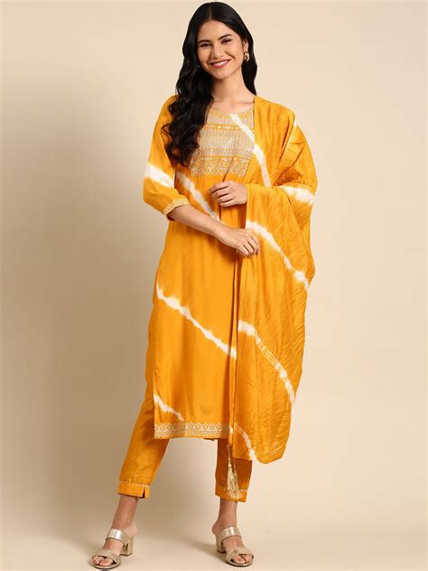 Buy Showoff Dyed Thread Work Straight Shibori Kurta With Trousers