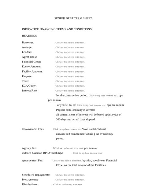 Senior Debt Term Sheet Doc Template Pdffiller