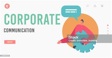 회사 통신 방문 페이지 템플릿입니다 연설 거품거대한 톱니바퀴를 들고 있는 사업가 캐릭터 가상 이벤트에 대한 스톡 벡터 아트 및 기타 이미지 가상 이벤트 개념 경영자