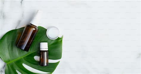 대리석 배경에 녹색 열대 잎이 있는 천연 유기농 화장품 스킨 케어 바디 및 헤어 케어를위한 Spa 뷰티 제품 플랫 레이 평면도 복사 공간 사진 Unsplash의