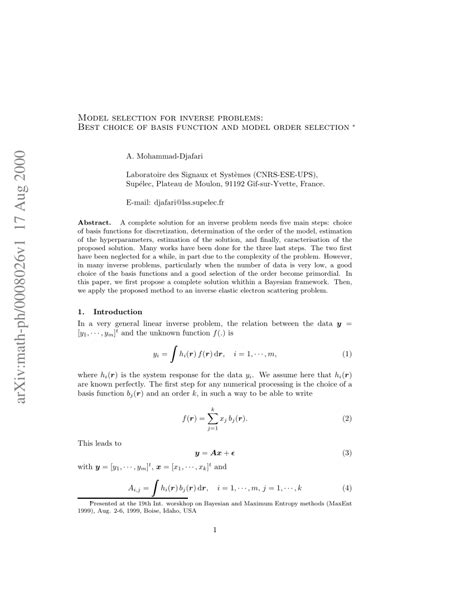 Pdf Model Selection For Inverse Problems Best Choice Of Basis Function And Model Order Selection