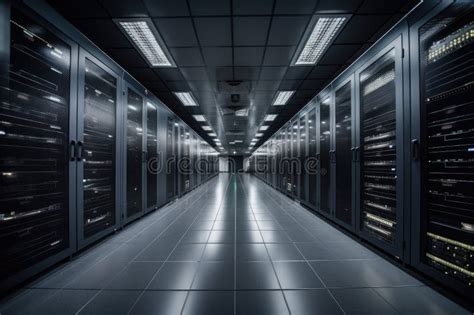 Data Center With Rows Of Server Racks Each Housing Dozens Of Servers