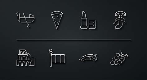 세트 라인 곤돌라 로마의 콜로세움 로마 군대 헬멧 스포츠 경주 용 자동차 국기 이탈리아 피자 조각 포도 과일 및 립스틱 아이콘 벡터 검은색에 대한 스톡 벡터 아트 및 기타