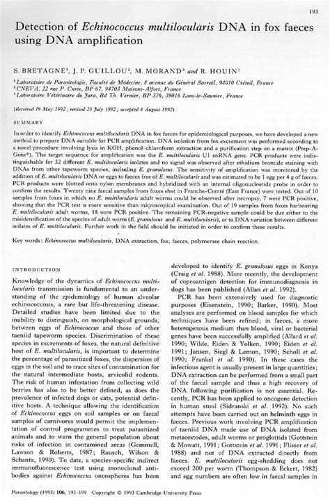 Pdf Detection Of Echinococcus Multilocularis Dna In Fox Fæces Using Dna Amplification