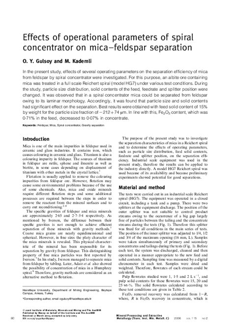 Pdf Effects Of Operational Parameters Of Spiral Concentrator On Micafeldspar Separation