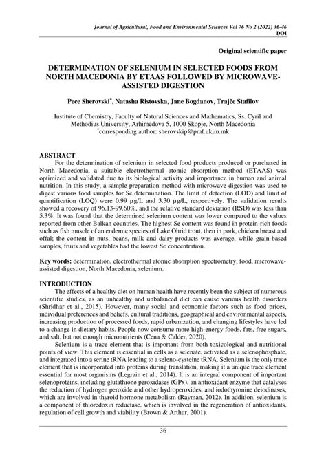 Pdf Determination Of Selenium In Selected Foods From North Macedonia By Etaas Followed By