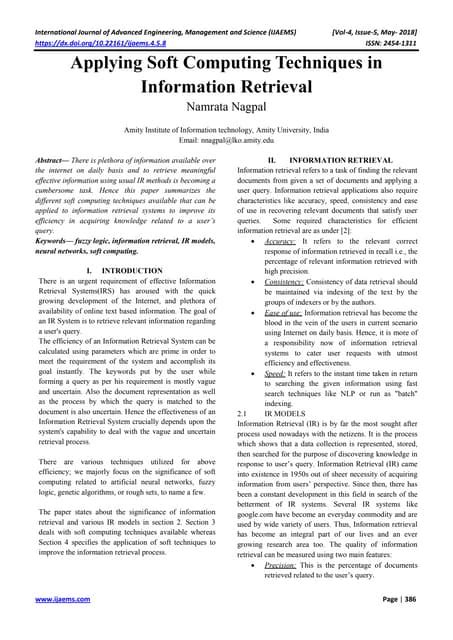 Applying Soft Computing Techniques In Information Retrieval Pdf