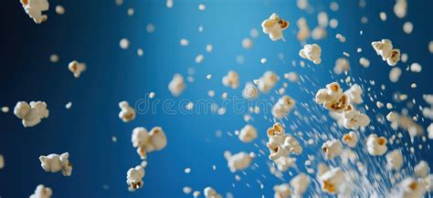 Popcorn Explosion In Mid Air Against Blue Background Showcasing Flying Kernels And Dynamic