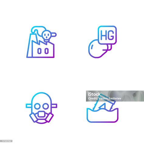 라인 설정 배럴의 방사성 폐기물 방독면 공장에서 나오는 연기 및 수은 방울 그라데이션 색상 아이콘 벡터 건축하기에 대한 스톡 벡터 아트 및 기타 이미지 Istock