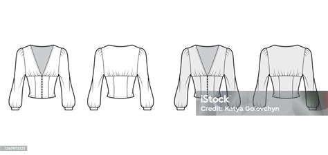 긴 비숍 슬리브 퍼프 숄더 프론트 버튼 패스닝이 있는 크롭 탑 테크니컬 패션 일러스트 0명에 대한 스톡 벡터 아트 및 기타