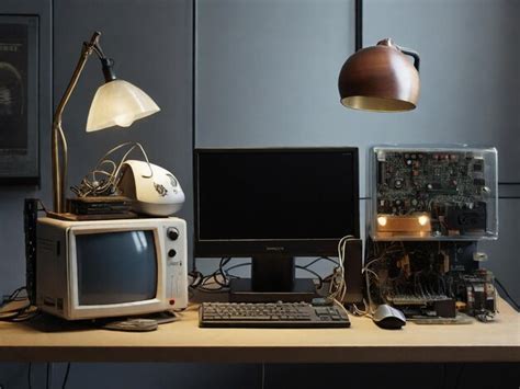 A Collection Of Electronics Monitor A Mouse And A Lamp Premium Ai Generated Image