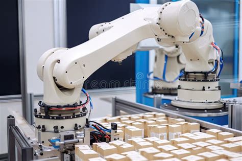 Packaging And Sorting Robots Busy At Work In Factory Packaging