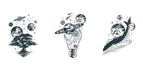 행성 달 별 깨진 전구 및 등에 행성이있는 고래가있는 Cеlestial 공간 구성 두 개의 신비로운 손으로 그린 벡터 삽화는 인쇄 문신 인사말 카드 및 포스터를 위해