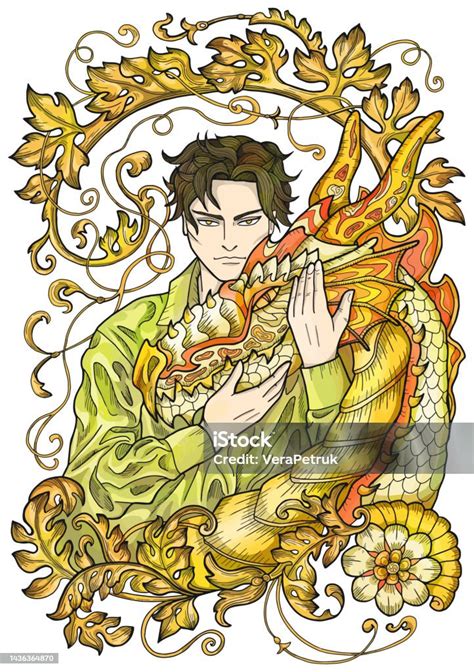 판타지 드래곤과 잘 생긴 전사 캐릭터 소년 영웅 남자 또는 흰색에 고립 된 왕자 만화 만화 스타일로 다채로운 벡터 일러스트 레이 션 왕자 황실에 대한 스톡 벡터 아트 및