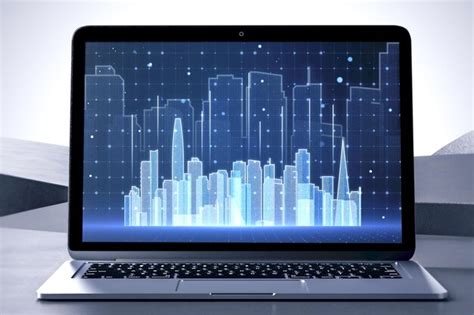 Premium Photo Close Up Of Laptop Computer Screen At Workpkace With Abstract Glowing City