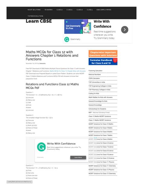 learn cbse maths mcqs for class 12 with answers chapter 1 relations