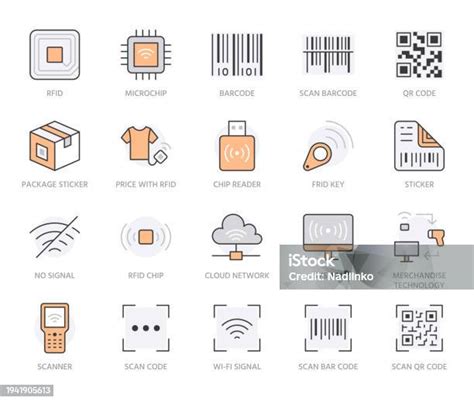 Rfid Qr Code Barcode Line Icon Set Price Tag Scanner Label Reader Identification Microchip