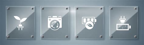 재활용 기호와 전기 절약 플러그가 있는 에코 네이처 리프 배터리설정 정사각형 유리 패널 벡터 개념에 대한 스톡 벡터 아트 및