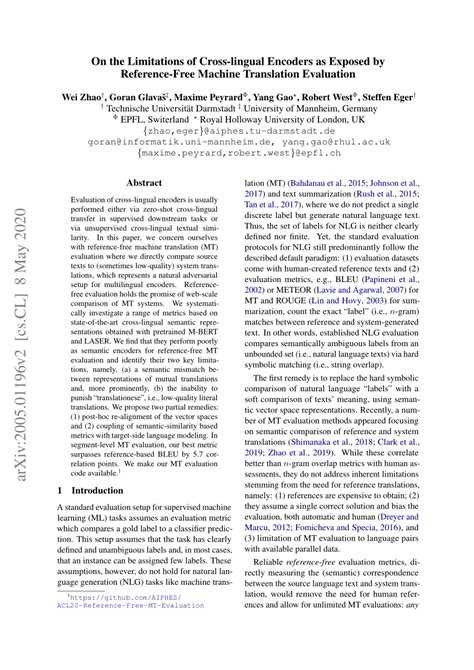 Pdf On The Limitations Of Cross Lingual Encoders As Exposed By Reference Free Machine