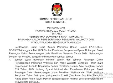 KPU Kota Bengkulu Umumkan Persyaratan Dukungan Untuk Calon Perseorangan Dalam Pemilihan Walikota
