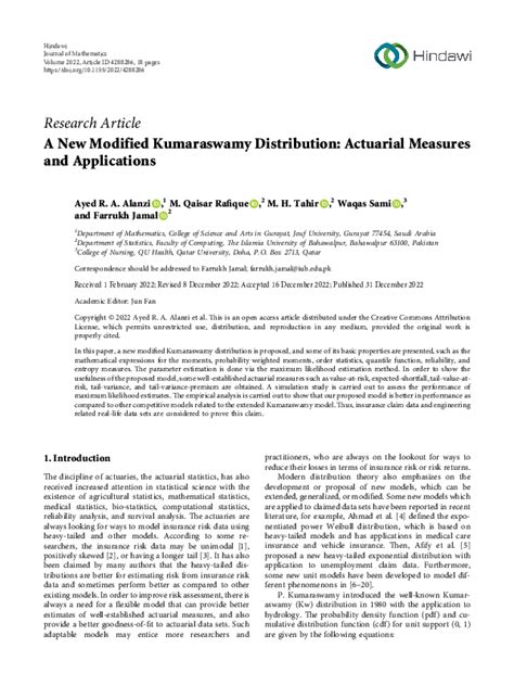 Pdf A New Modified Kumaraswamy Distribution Actuarial Measures And