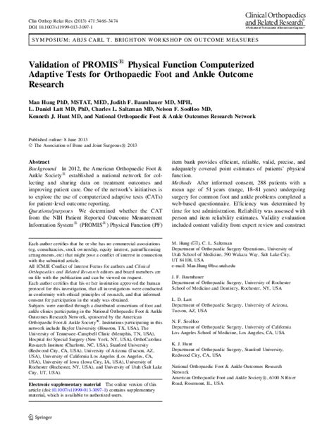 Pdf Validation Of Promis® Physical Function Computerized Adaptive Tests For Orthopaedic Foot