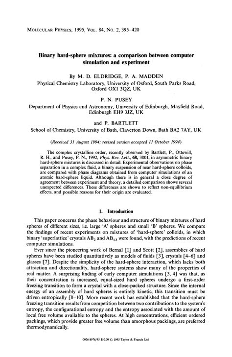Pdf Binary Hard Sphere Mixtures A Comparison Between Computer