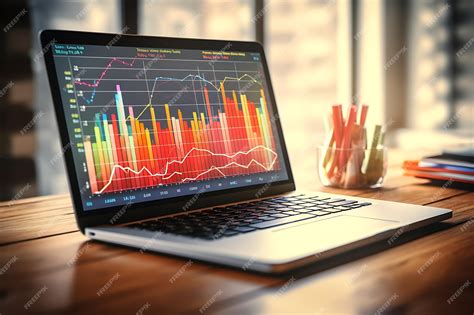 Laptop Computer With Marketing Statistics Graphs On Screen Premium Ai