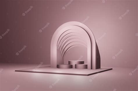 제품 광고 3d 렌더링을 위한 아치가 있는 분홍색 파스텔 부드러운 템플릿 빈 무대 프리미엄 사진