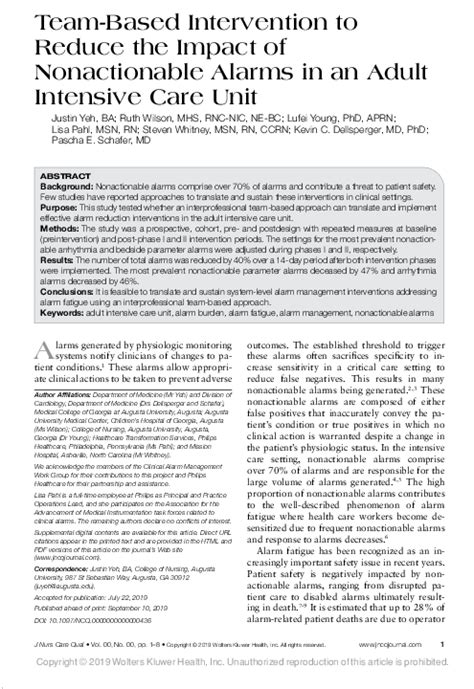 Pdf Team Based Intervention To Reduce The Impact Of Nonactionable Alarms In An Adult Intensive