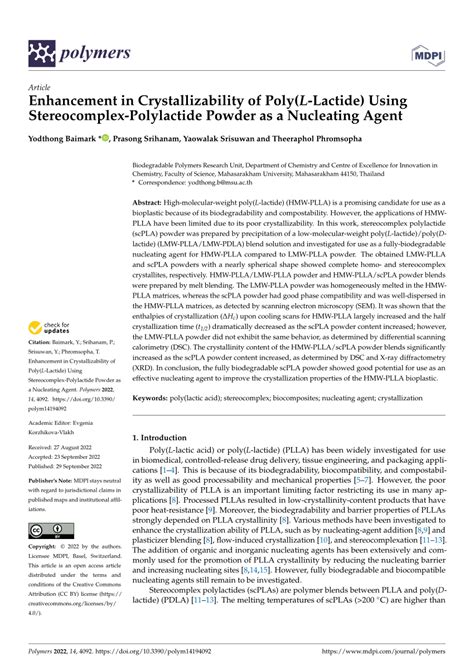Pdf Enhancement In Crystallizability Of Polyl Lactide Using Stereocomplex Polylactide Powder